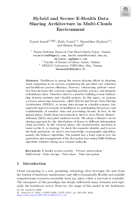 (PDF) Hybrid and Secure E-Health Data Sharing Architecture in Multi-Clouds Environment | tayssir ...