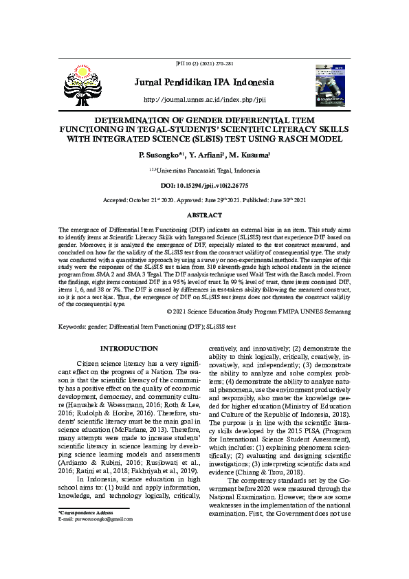 (PDF) Determination of Gender Differential Item Functioning in Tegal Students' Scientific ...