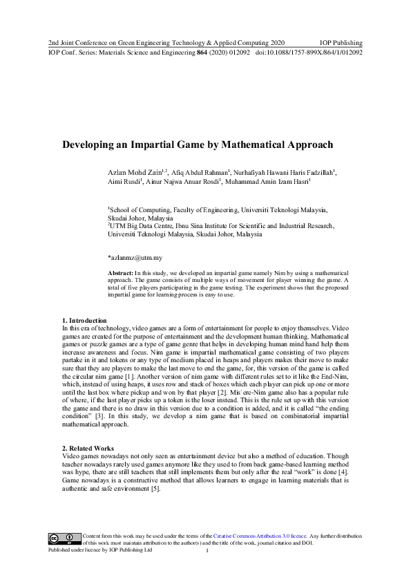 (PDF) Developing an Impartial Game by Mathematical Approach