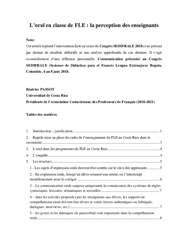 (PDF) L'oral en classe de FLE : la perception des enseignants