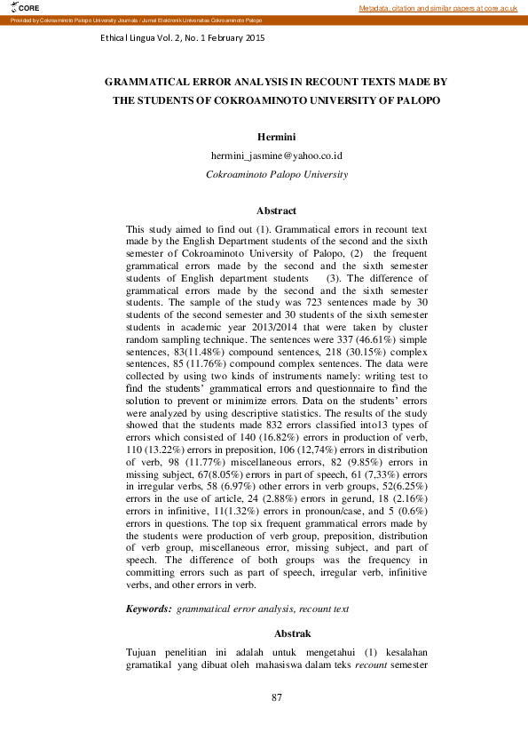 (PDF) Grammatical Error Analysis in Recount Text Made by the Students of Cokroaminoto University ...
