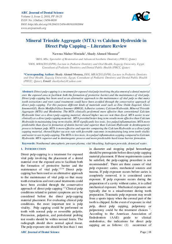 (PDF) Mineral Trioxide Aggregate (MTA) vs Calcium Hydroxide in Direct ...