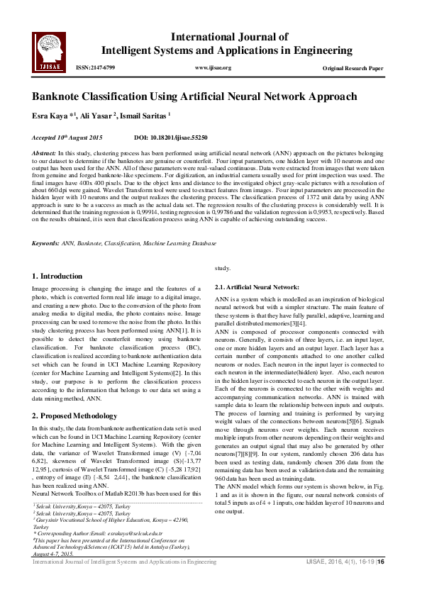 Pdf Banknote Classification Using Artificial Neural Network Approach 