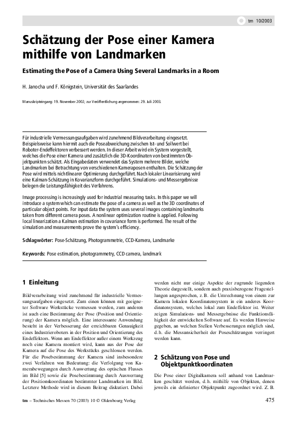 (PDF) Schätzung der Pose einer Kamera mithilfe von Landmarken (Estimating the Pose of a Camera ...