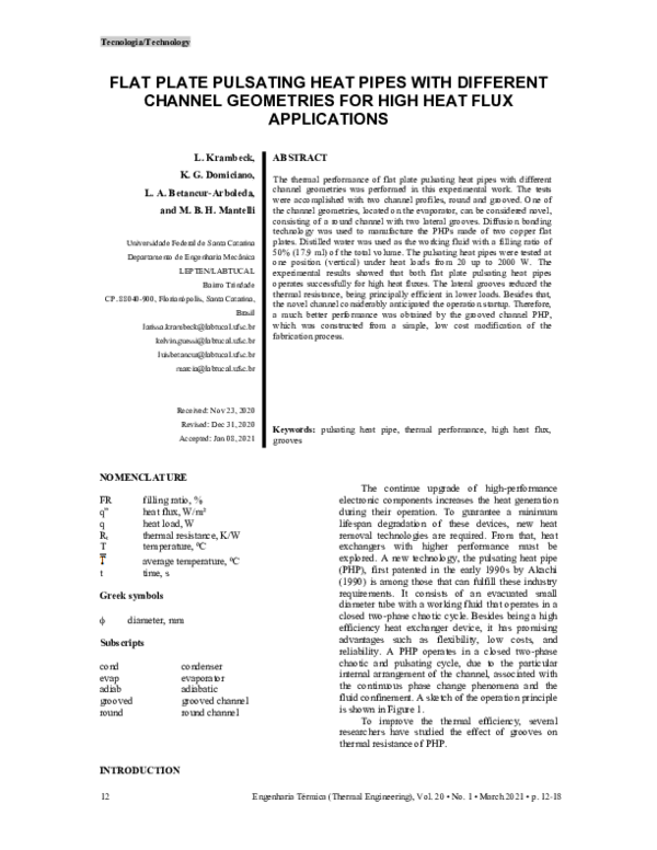 (PDF) Flat Plate Pulsating Heat Pipes with Different Channel Geometries for High Heat Flux ...