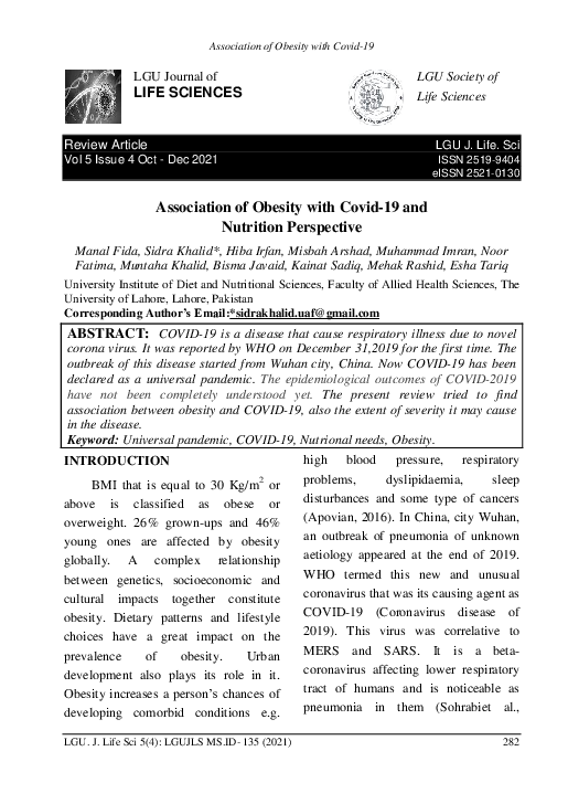 (PDF) Association of Obesity with Covid-19 and Nutrition Perspective ...