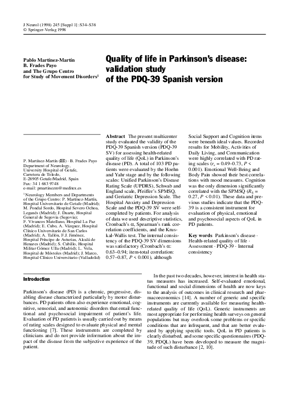 (PDF) Quality of life in Parkinson’s disease: validation study of the ...