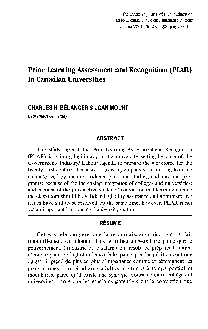 (PDF) Prior Learning Assessment and Recognition (PLAR) in Canadian ...
