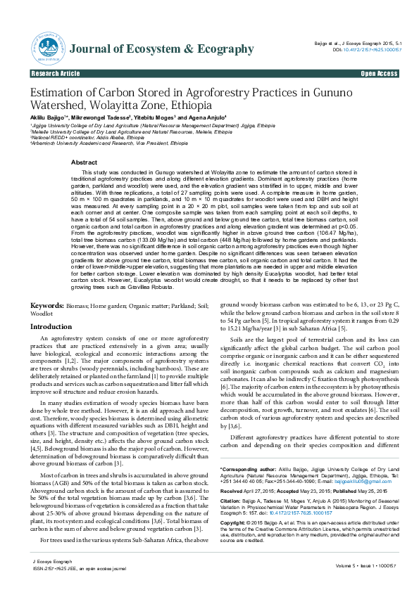 (PDF) Estimation of Carbon Stored in Agroforestry Practices in Gununo ...