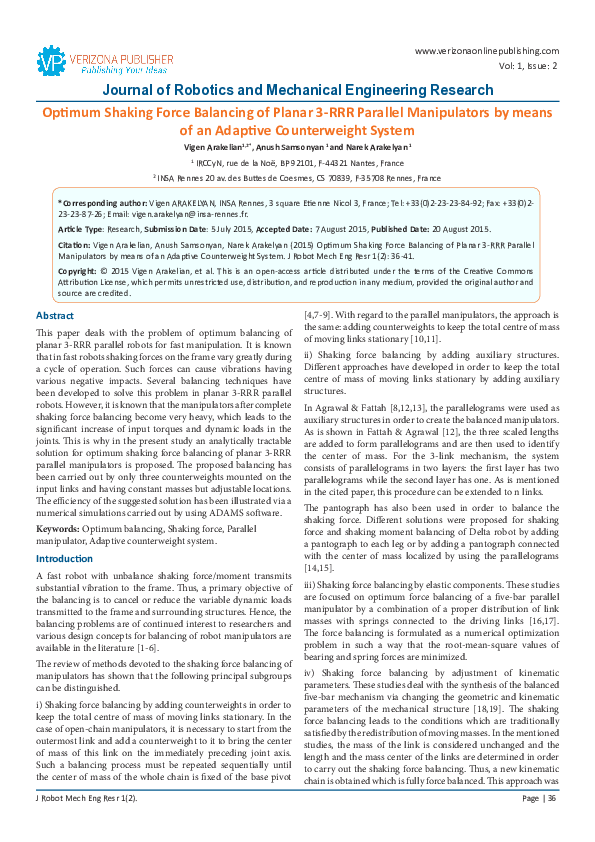 (PDF) Optimum Shaking Force Balancing of Planar 3-RRR Parallel Manipulators by means of an ...
