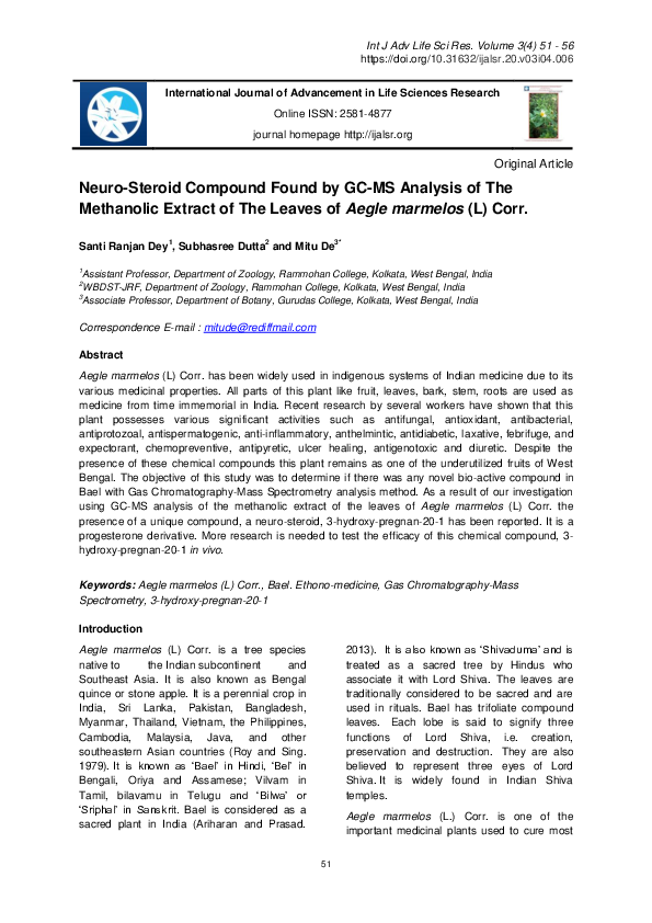 (PDF) Neuro-Steroid Compound Found by GC-MS Analysis of The Methanolic Extract of The Leaves of ...