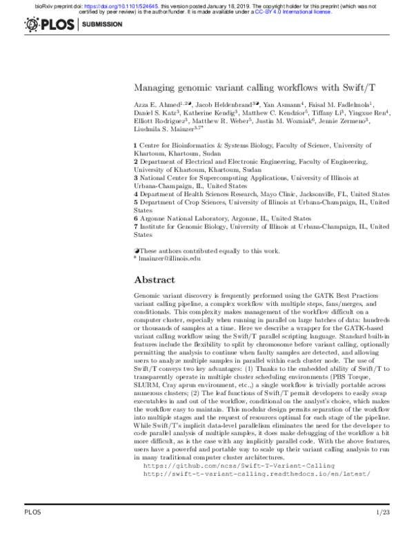(PDF) Managing genomic variant calling workflows with Swift/T