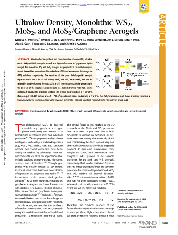 (PDF) Ultra-Low Density, Monolithic WS2, MoS2, and MoS2/Graphene Aerogels