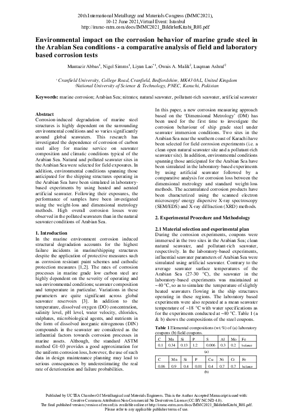 (PDF) Environmental impact on the corrosion behavior of marine grade ...