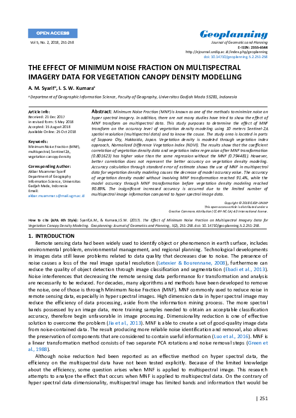 Pdf The Effect Of Minimum Noise Fraction On Multispectral Imagery Data For Vegetation Canopy