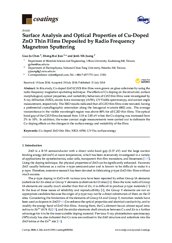 (PDF) Surface Analysis and Optical Properties of Cu-Doped ZnO Thin Films Deposited by Radio ...