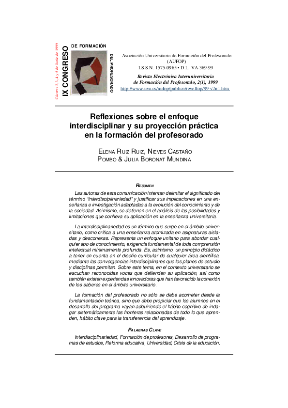 (PDF) Reflexiones sobre el enfoque interdisciplinar y su proyección práctica en la formación del ...
