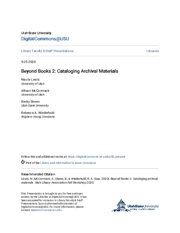 (PDF) Beyond Books 2: Cataloging Archival Materials