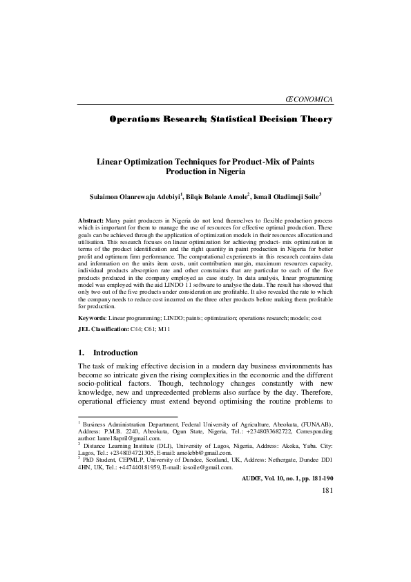 (PDF) Operations Research; Statistical Decision Theory Linear Optimization Techniques for ...