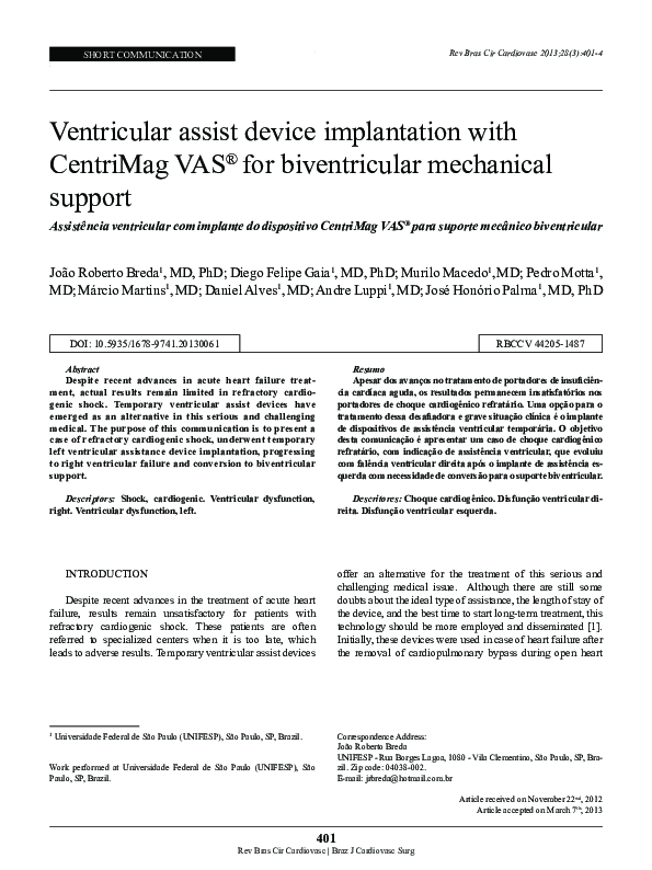 (PDF) Ventricular assist device implantation with CentriMag VAS ® for ...