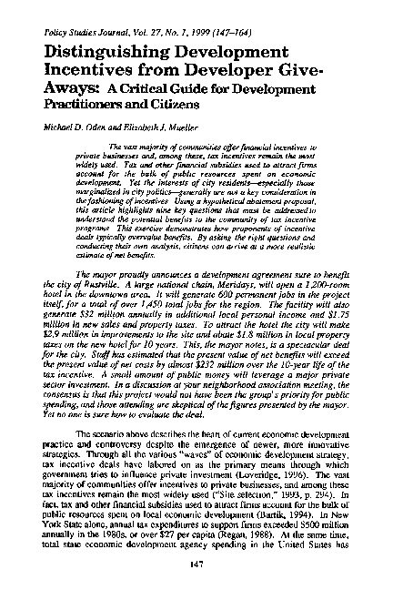 (PDF) Distinguishing Development Incentives from Developer Give-Aways: A Critical Guide for ...
