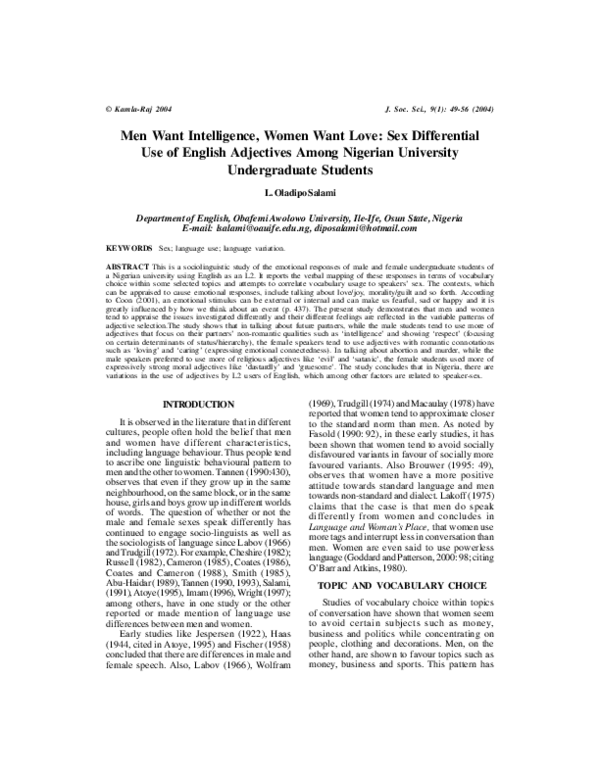 Pdf Men Want Intelligence Women Want Love Sex Differential Use Of English Adjectives Among