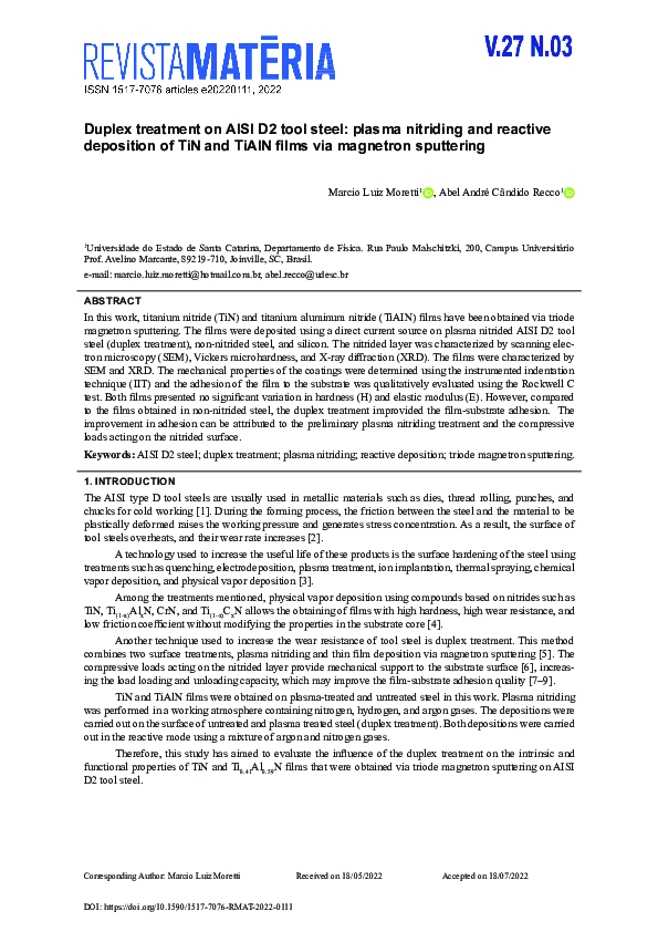 (PDF) Duplex treatment on AISI D2 tool steel: plasma nitriding and ...