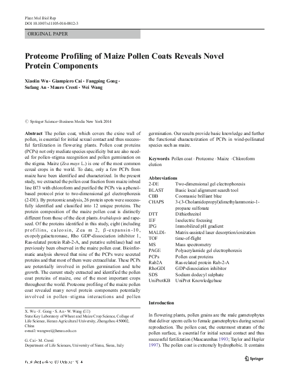 (PDF) Proteome Profiling of Maize Pollen Coats Reveals Novel Protein ...