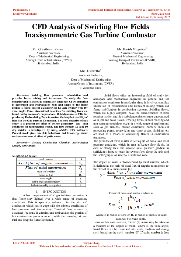 (PDF) CFD Analysis of Swirling Flow Fields Inaxisymmentric Gas Turbine Combuster