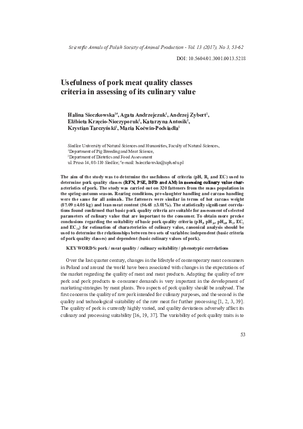 (PDF) Usefulness of pork meat quality classescriteria in assessing of ...