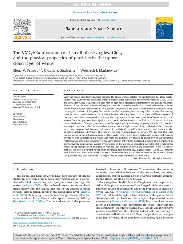 (PDF) The VMC/VEx photometry at small phase angles: Glory and the ...