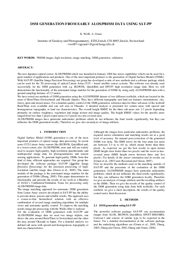(PDF) DSM Generation from early ALOS/PRISM Data using SAT-PP | A. Gruen - Academia.edu