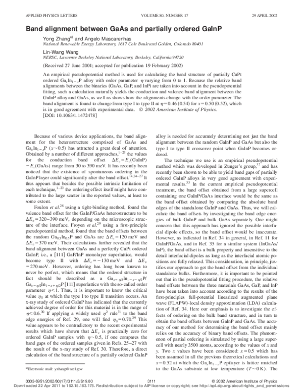 (PDF) Band alignment between GaAs and partially ordered GaInP