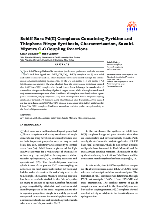 (PDF) Schiff Base-Pd(II) Complexes Containing Pyridine and Thiophene Rings: Synthesis ...