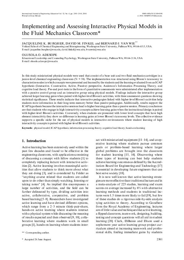 (PDF) Implementing and assessing interactive physical models inthe fluid mechanics classroom