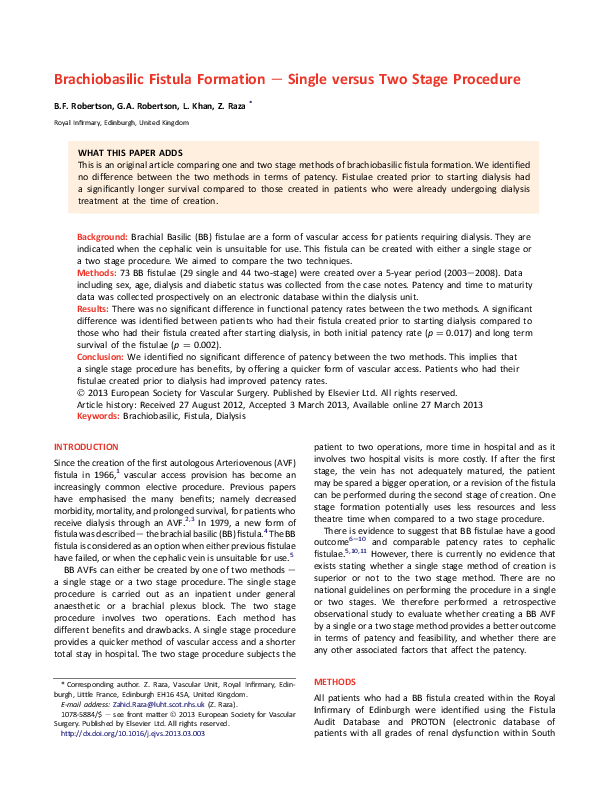(PDF) Brachiobasilic Fistula Formation – Single versus Two Stage Procedure