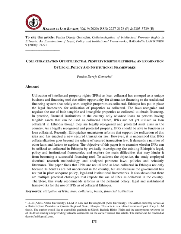 (PDF) COLLATERALIZATION OF INTELLECTUAL PROPERTY RIGHTS IN ETHIOPIA: AN EXAMINATION OF LEGAL ...