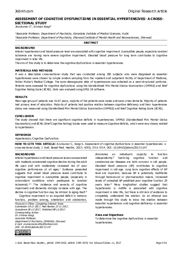 (PDF) Assessment of Cognitive Dysfunctions in Essential Hypertensives ...