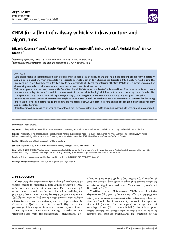 (PDF) CBM for a fleet of railway vehicles: infrastructure and algorithms