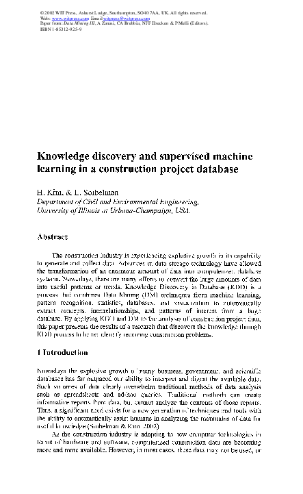 (PDF) Knowledge Discovery And Supervised Machine Learning In A Construction Project Database