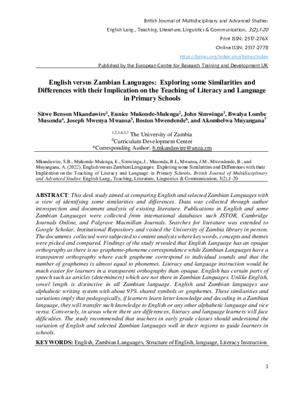 (PDF) English versus Zambian Languages: Exploring some Similarities and ...