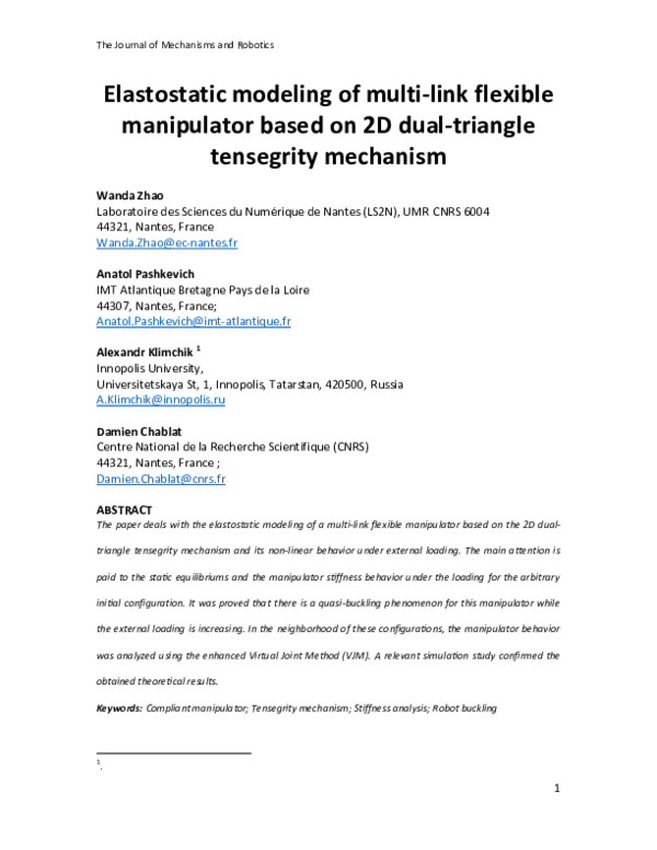 Pdf Elastostatic Modeling Of Multi Link Flexible Manipulator Based On Two Dimensional Dual