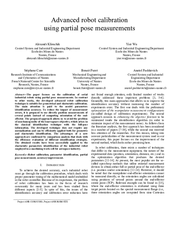 (PDF) Advanced robot calibration using partial pose measurements
