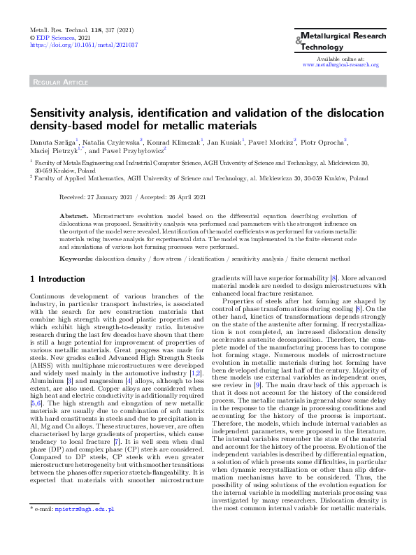 (PDF) Sensitivity analysis, identification and validation of the dislocation density-based model ...