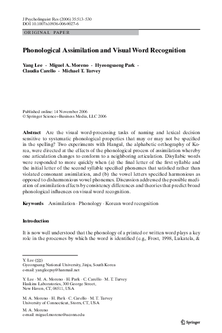 (PDF) Phonological Assimilation and Visual Word Recognition