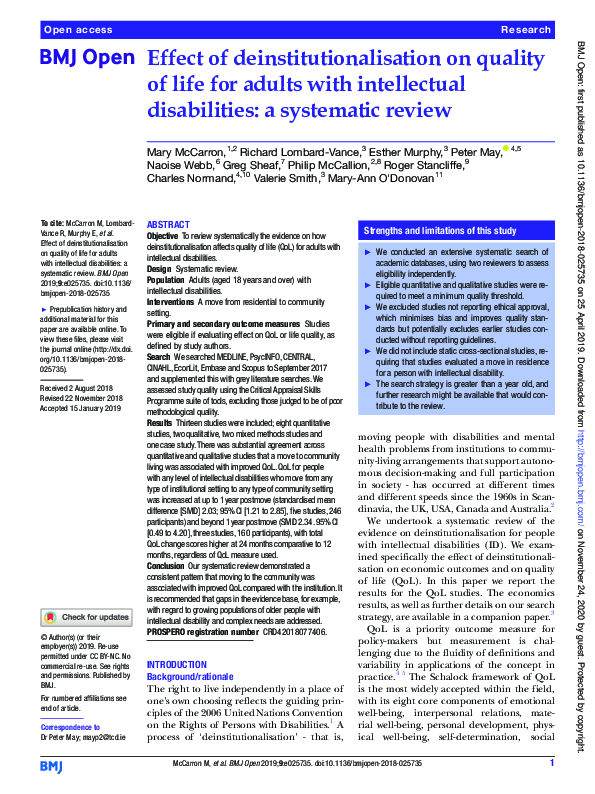 (PDF) Effect of deinstitutionalisation on quality of life for adults ...