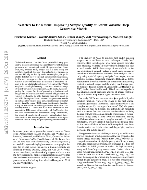 (PDF) Wavelets to the Rescue: Improving Sample Quality of Latent Variable Deep Generative Models