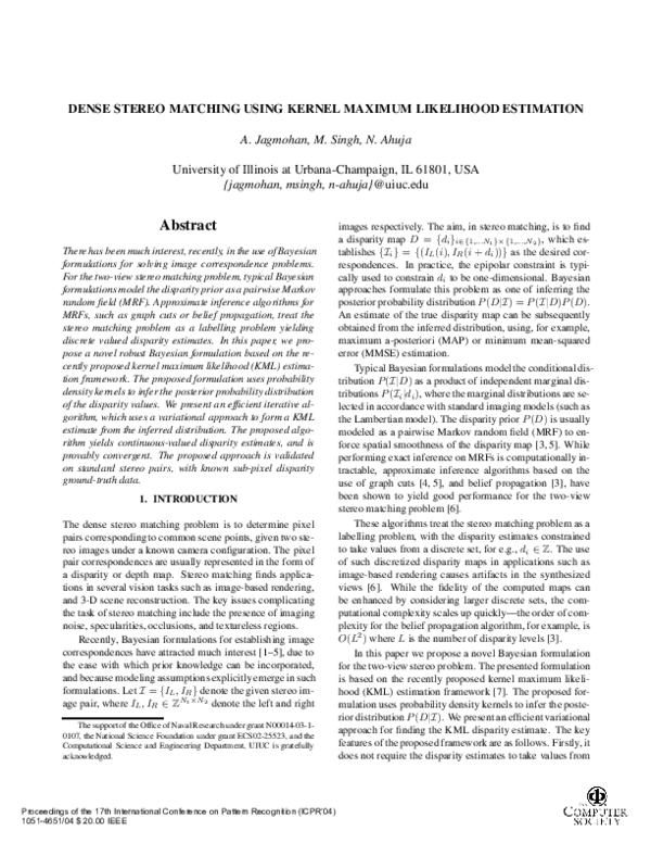 (PDF) Dense stereo matching using kernel maximum likelihood estimation