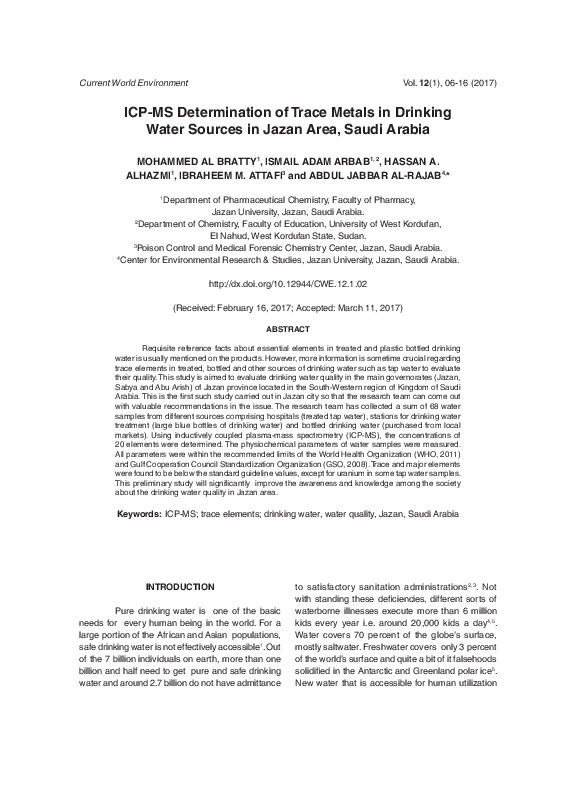 (PDF) Icp-Ms Determination of Trace Metals in Drinking Water Sources in Jazan Area, Saudi Arabia