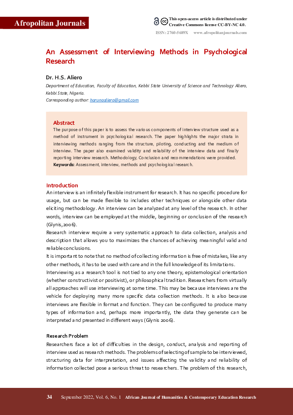 (PDF) An Assessment of Interviewing Methods in Psychological Research